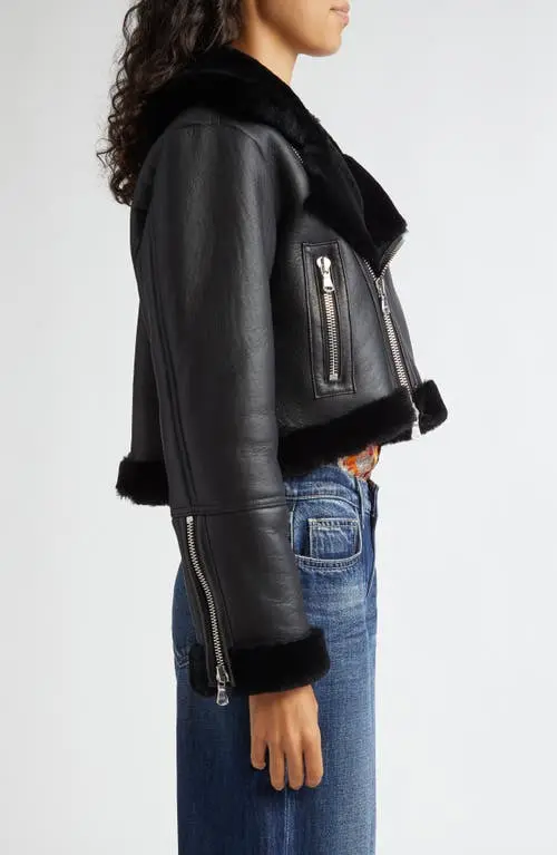 L'Agence Leather & Shearling Moto Jacket - Black