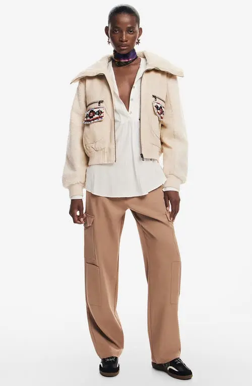Desigual Faux Shearling Crop Bomber Jacket