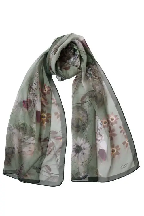 ELIZABETTA Botanica Long Sheer Silk Scarf For - Green