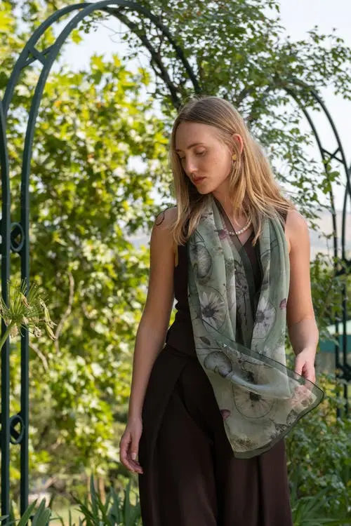 ELIZABETTA Botanicalong Sheer Silk Scarf For - Green