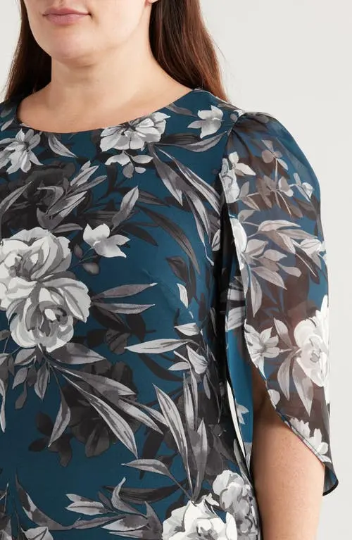 Connected Apparel Floral Flutter Sleeve Sheath Dress Dark