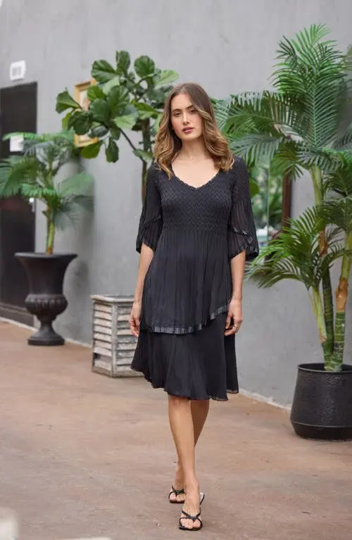 Komarov Tiered Charmeuse & Chiffon Cocktail Dress In Black - 55% Off |  Editorialist