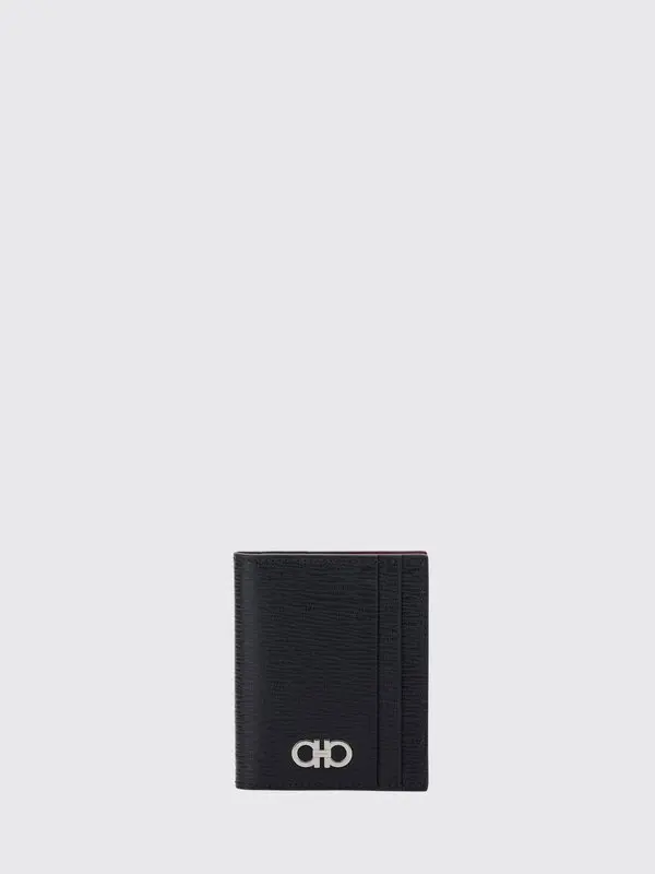 FERRAGAMO Gancini Embossed Calfskin Leather Bifold Card Holder - Black