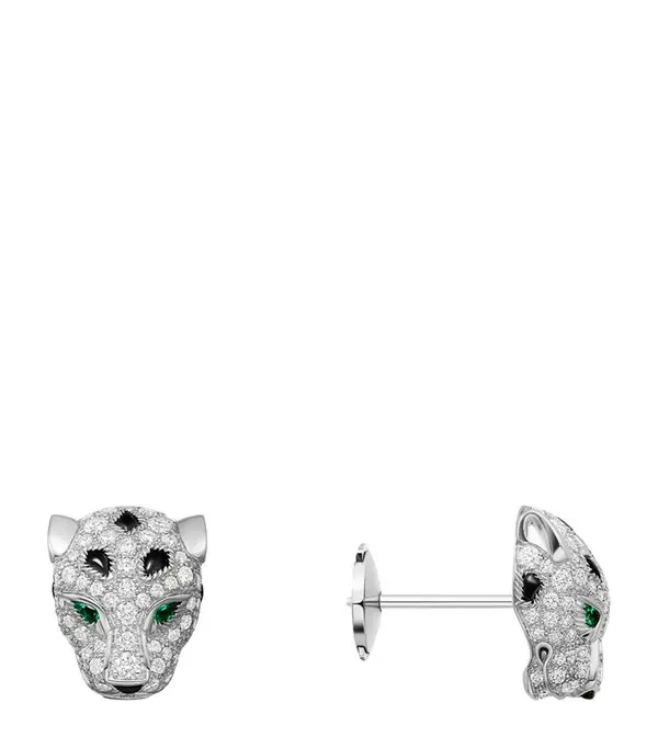 Cartier Panthère De Gold, Diamond, Emerald, And Onyx Earrings - White