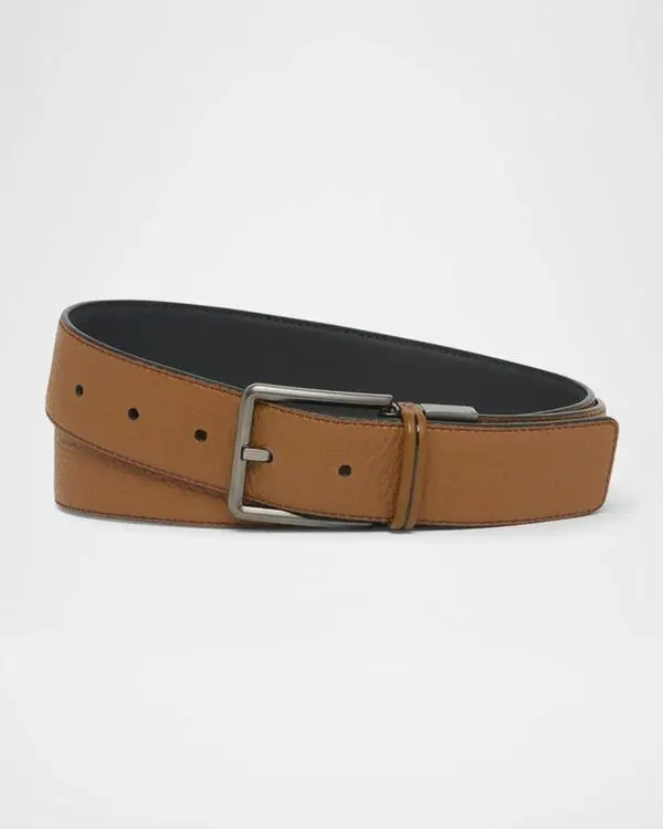 Zegna Signifier Stripe Reversible Leather Belt - Black