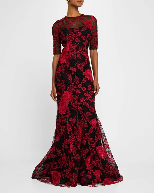 Rickie Freeman For Teri Jon Floral Embroidered Lace Gown Black