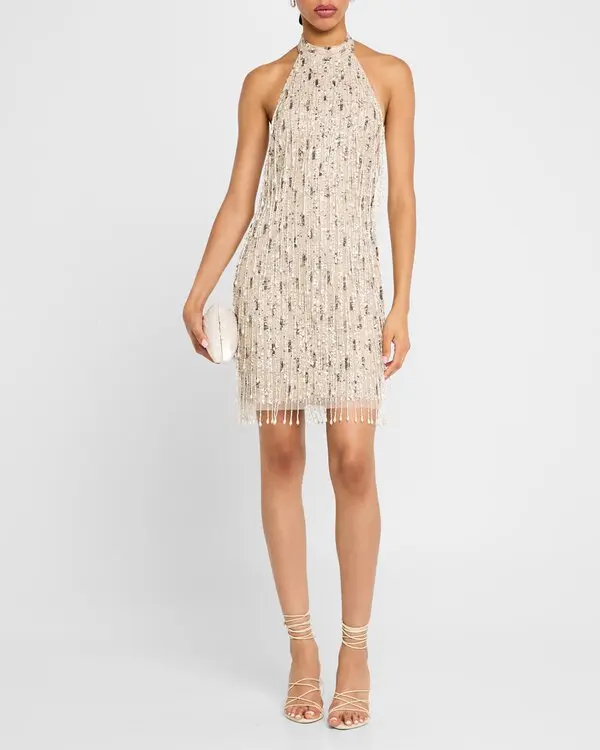 Bead & Sequin Fringe Halter Mini Dress