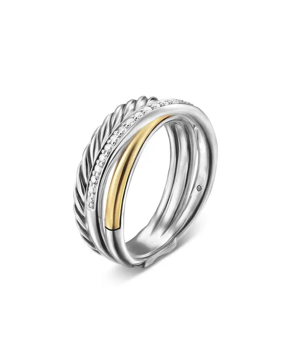 David Yurman Crossover Ring In Sterling Silver, 18k Yellow Gold And Diamonds - Silver/gold