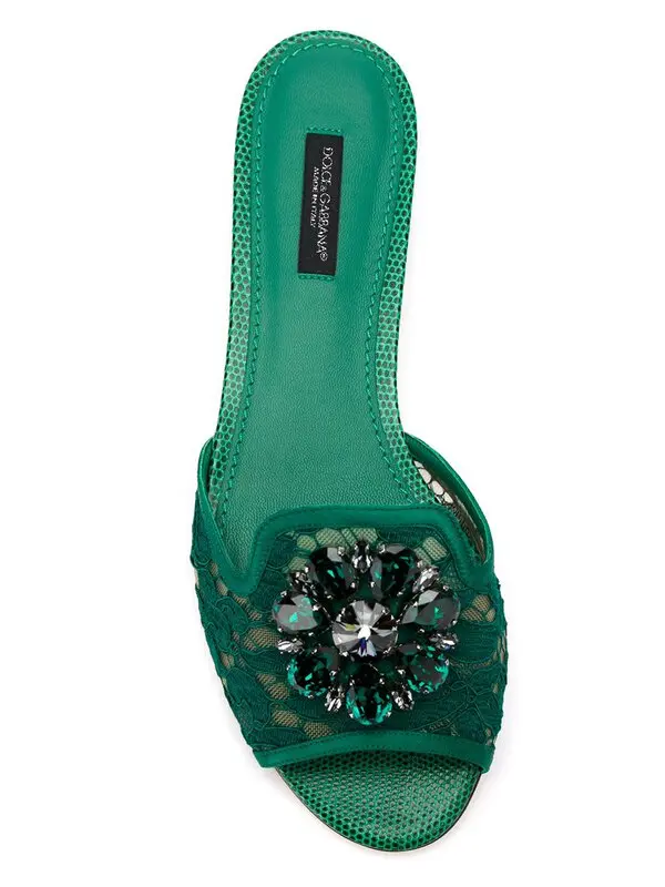 Dolce & Gabbana Bianca Crystal Lace Flat Sandals - Green