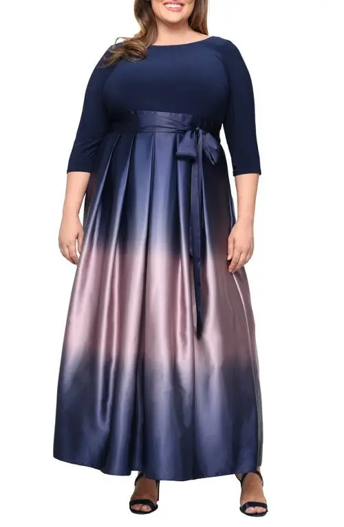 SL FASHIONS Three-quarter Sleeve Ombré Gown - Navy/mauve