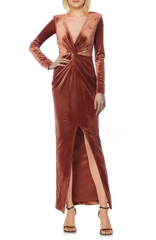 Badgley Mischka Twist Detail Long Sleeve Stretch Velvet Gown - Burnt Orange
