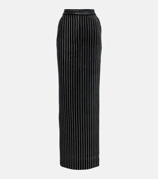 Alex Perry Column Embellished Pinstripe Velvet Maxi Skirt - Black