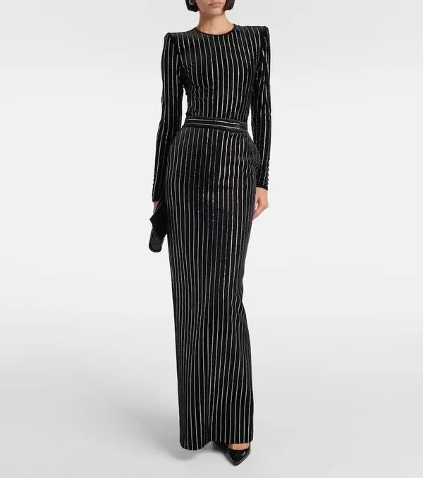 Alex Perry Column Embellished Pinstripe Velvet Maxi Skirt