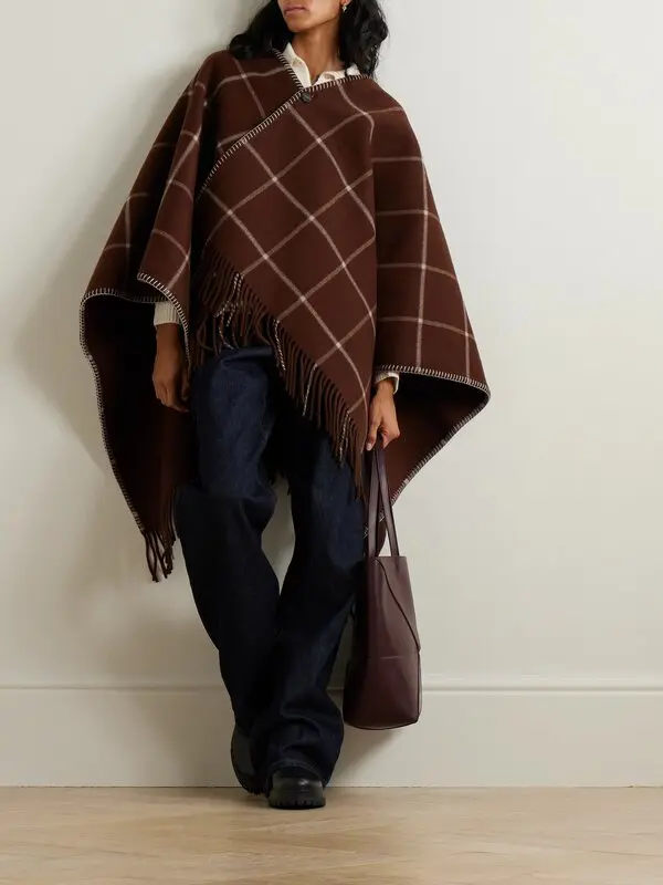 Purdey Welbeck Fringed Whipstitched-trimmed Checked Wool And Cashmere-blend Cape