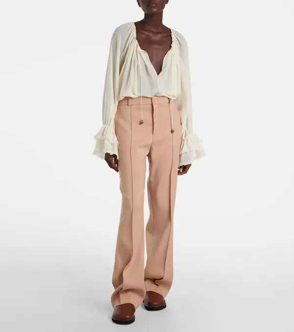 Chloé High-rise Wool Straight Pants - Beige
