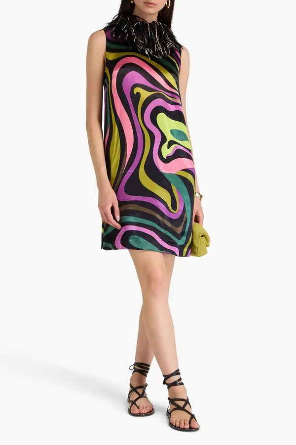 Emilio Pucci Fringed Printed Satin Mini Dress
