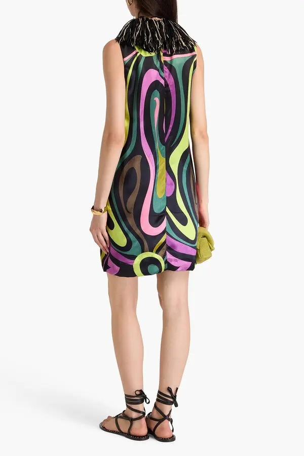 Emilio Pucci Fringed Printed Satin Mini Dress