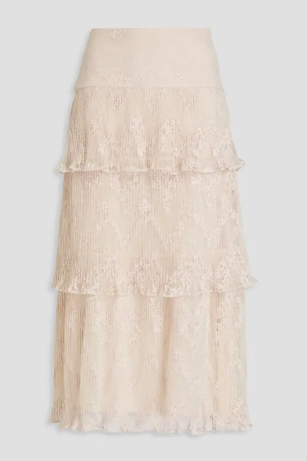 Zimmermann Tiered Pleated Lace Midi Skirt