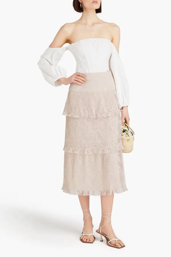 Zimmermann Tiered Pleated Lace Midi Skirt
