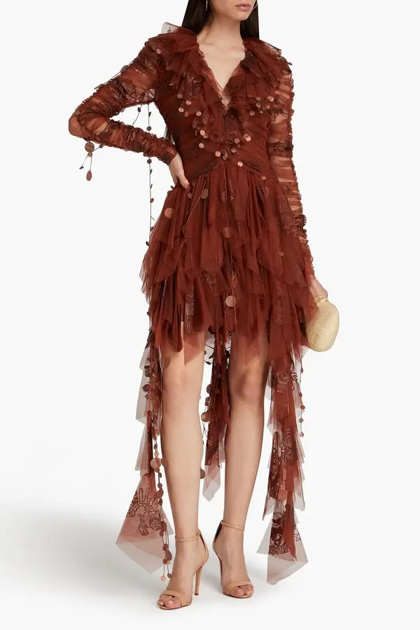 Zimmermann Asymmetric Ruffled Glittered Tulle Maxi Dress In Brown - 70% Off  | Editorialist
