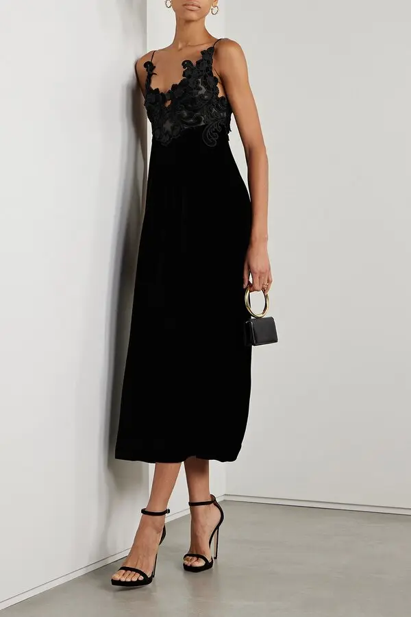 zimmermann black velvet dress Appliquéd Tulle-trimmed Velvet Midi Dress