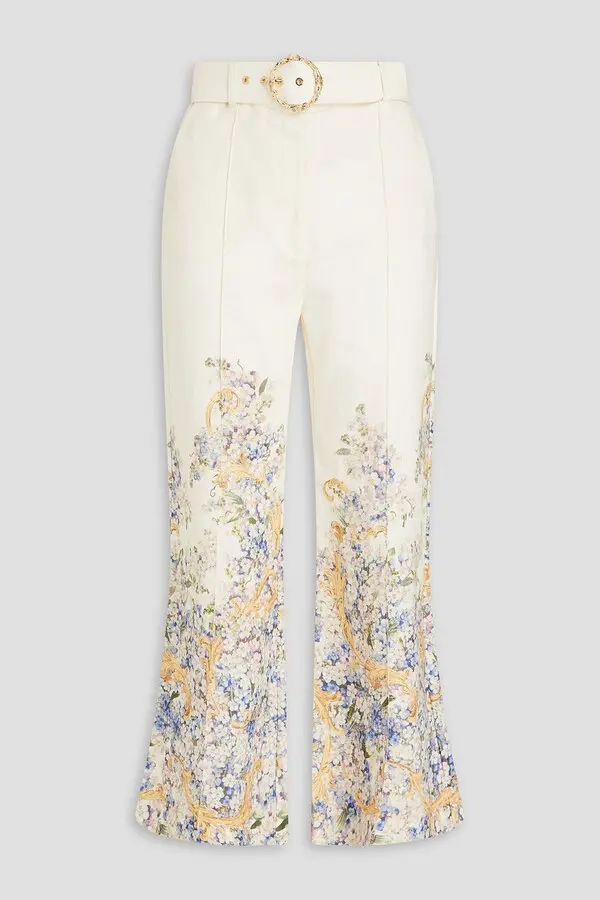 Zimmermann Floral-print Kick-flare Linen Pants With Belt