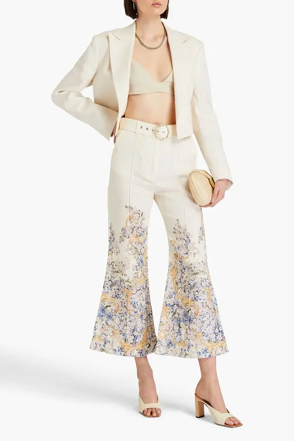 Zimmermann Floral-print Kick-flare Linen Pants With Belt