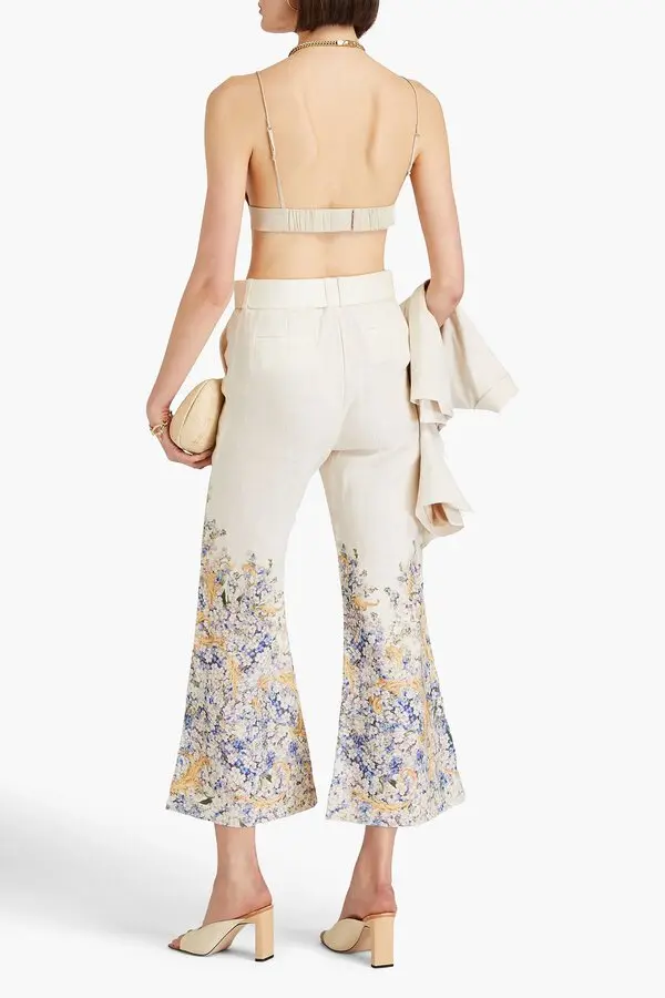 Zimmermann Floral-print Kick-flare Linen Pants With Belt