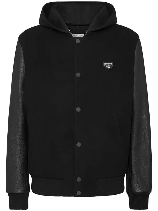 Philipp Plein Leather Sleeves Hooded Bomber Jacket - Black