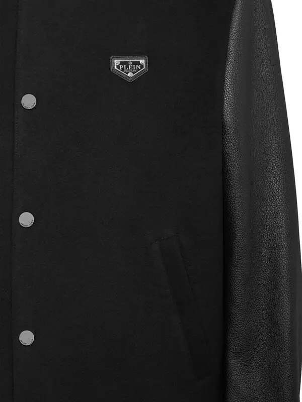 Philipp Plein Leather Sleeves Hooded Bomber Jacket - Black