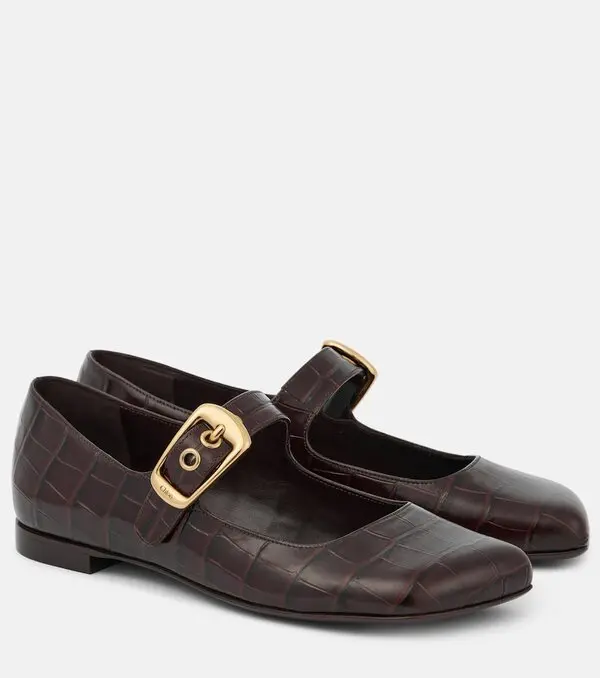 Chloé Polly Croc-effect Leather Mary Jane Flats - Brown