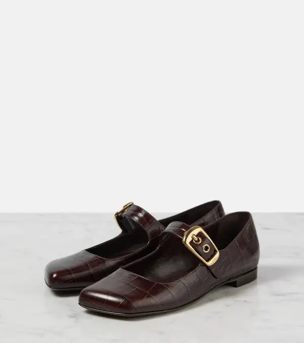 Chloé Polly Croc-effect Leather Mary Jane Flats - Brown