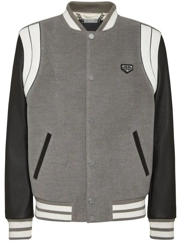 Philipp Plein Leather Sleeves Bomber Jacket - Grey