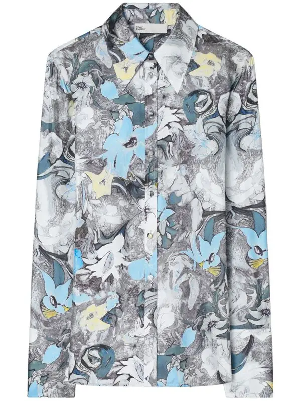Tory Burch Floral-print Silk Shirt - Grey