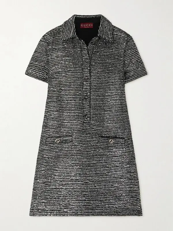 Gucci Sequined Wool-Blend Metallic Tweed Mini Dress - Black | Editorialist