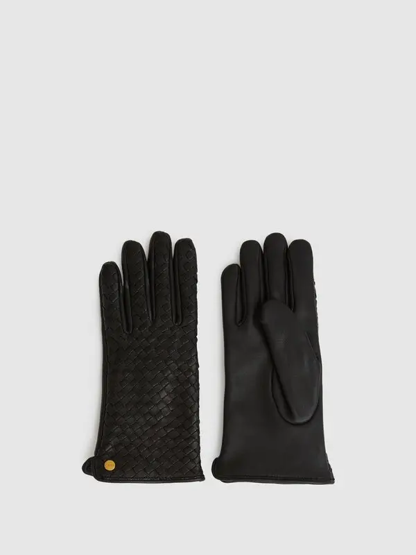 REISS Giana Woven Leather Gloves - Black