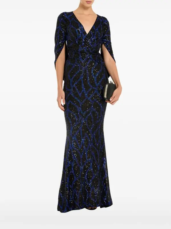 Talbot Runhof Shawl Sleeved Sequin Gown
