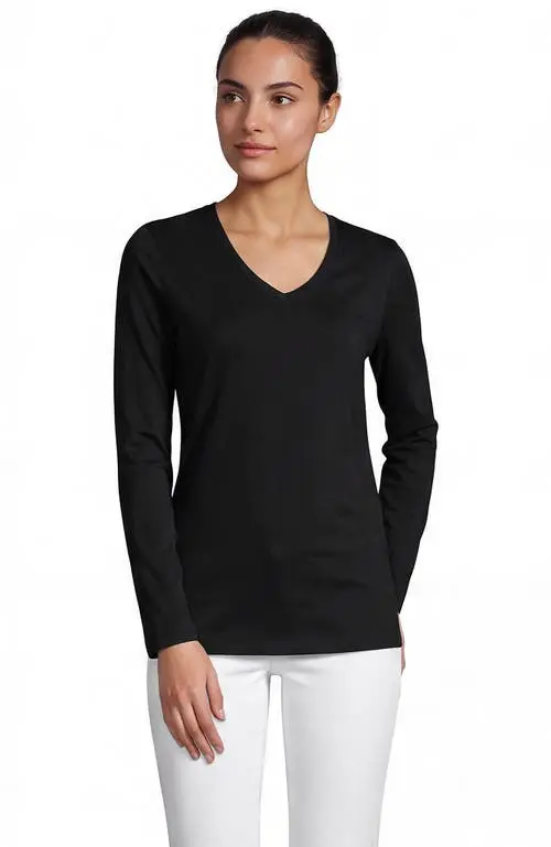 LANDS' END Supima Cotton Long-sleeve V-neck T-shirt - Black