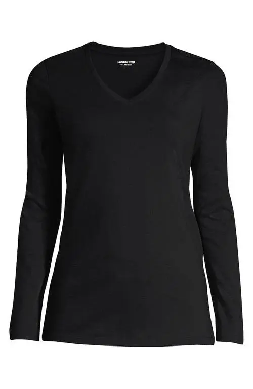 LANDS' END Supima Cotton Long-sleeve V-neck T-shirt - Black