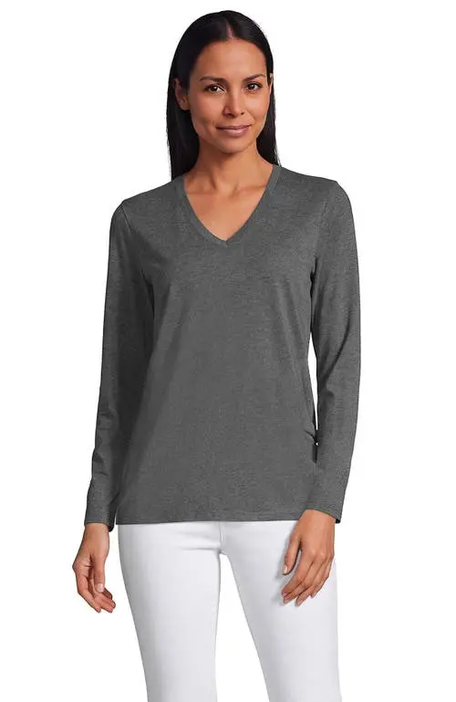 LANDS' END Supima Cotton Long-sleeve V-neck T-shirt - Charcoal Heather