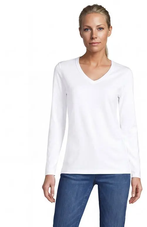 LANDS' END Supima Cotton Long-sleeve V-neck T-shirt - White