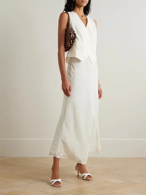 Rixo Crystal Lace-trimmed Linen-blend Midi Skirt - Neutrals