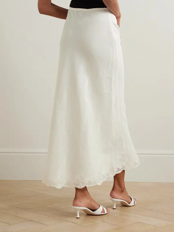 Rixo Crystal Lace-trimmed Linen-blend Midi Skirt - Neutrals