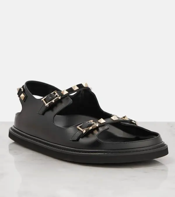 Valentino Garavani Rockstud Leather Flat Sandals - Black