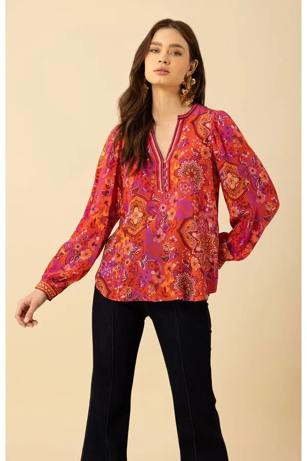 Hale Bob Skye Beaded Silk Top - Red