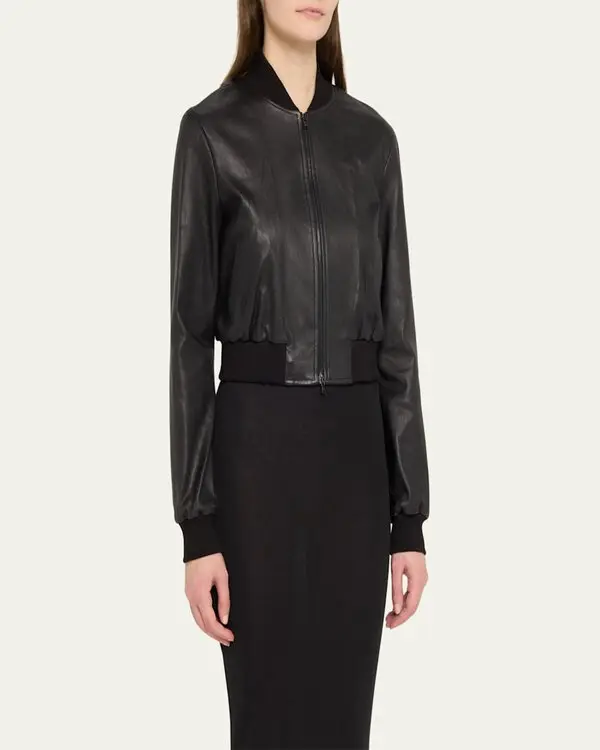 SUSAN BENDER Stretch Lambskin Leather Bomber Jacket