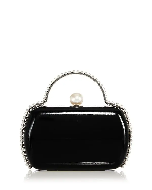 Aqua Imitation Pearl Trim Minaudiere Box Clutch - Black