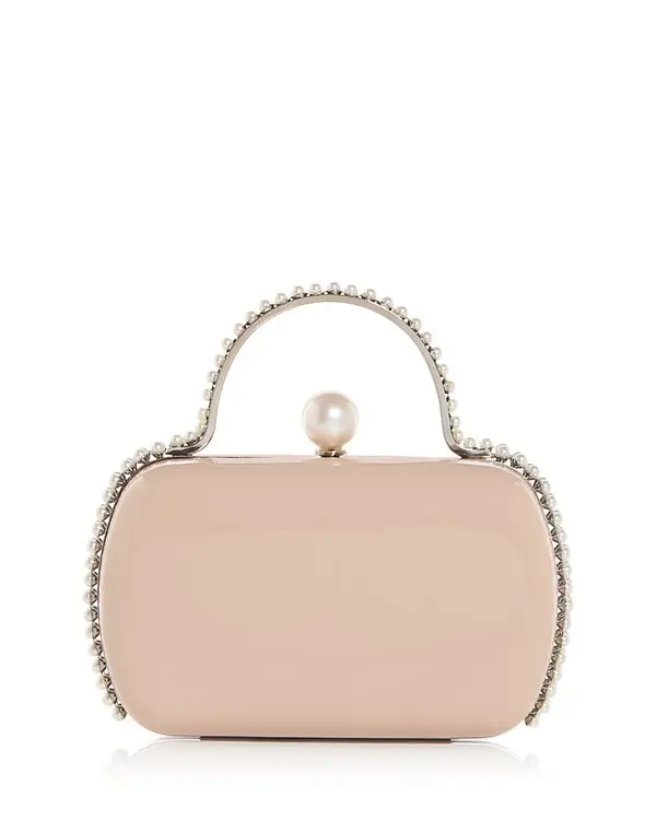 Aqua Imitation Pearl Trim Minaudiere Box Clutch - Nude