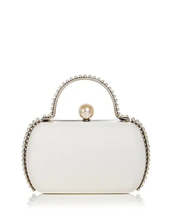 Aqua Imitation Pearl Trim Minaudiere Box Clutch - White