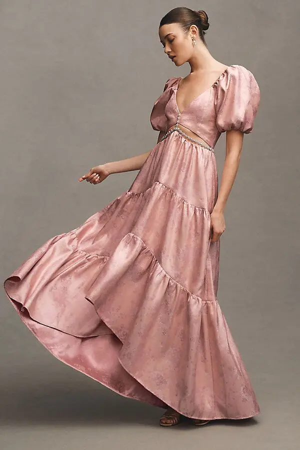 v. chapman emma v-neck a-line brocade cutout maxi dress In Pink - 30% Off Colour:burgundy Gizele is 5’9 and beyond dress.  hoco dresses D&M Plus Sequin A-line
